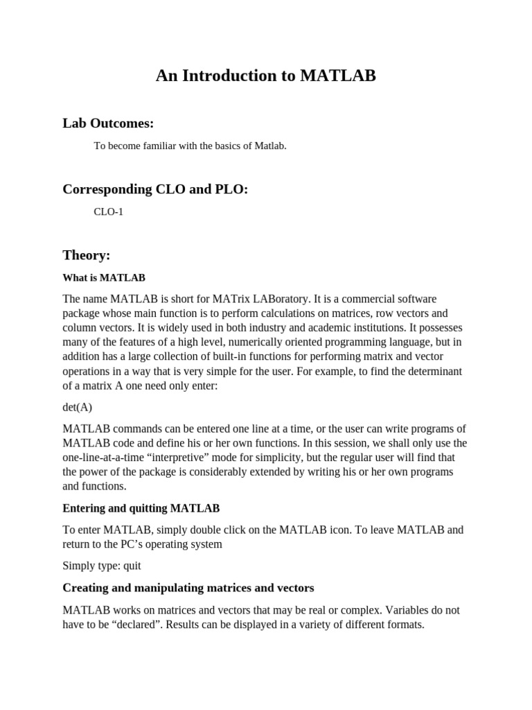 Lab No 1 Math 1 PDF Matlab Matrix Mathematics 