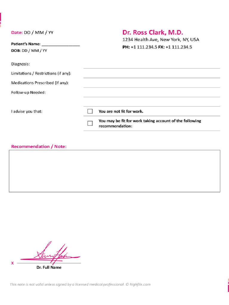 Doctors Note From Urgent Care For Return To Work Word Google Docs PDF | PDF