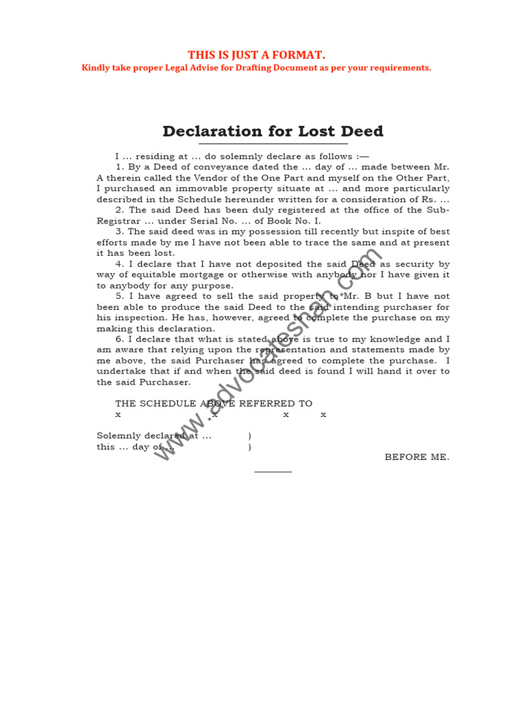 Declaration For Lost Deed | PDF | Deed | Justice