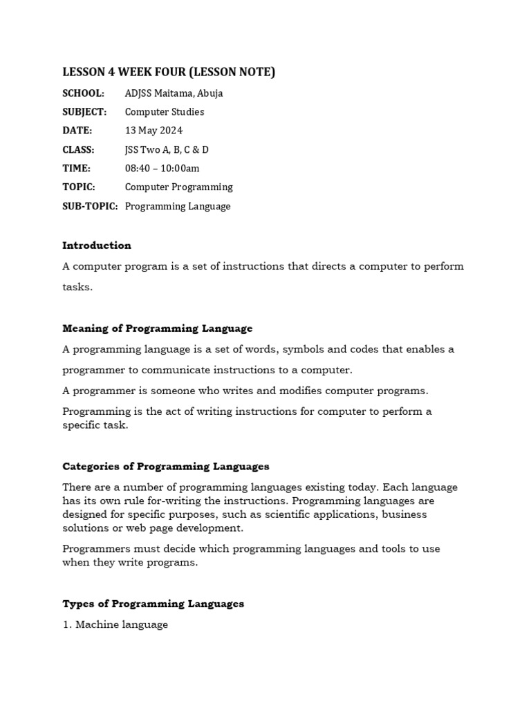 Computer Programming Basics for JSS2 | PDF