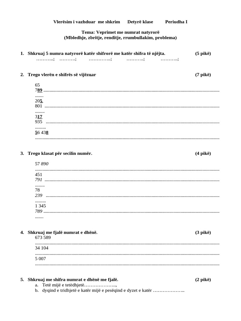MATEMATIKA 5 Detyra Për Vlerësim | PDF