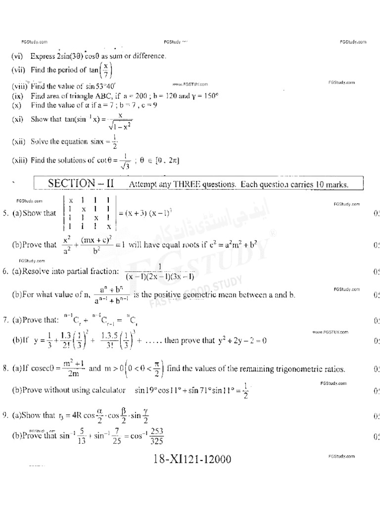11th Class Mathematics Past Paper 2021 Faisalabad g2 Sub p2.Png | PDF