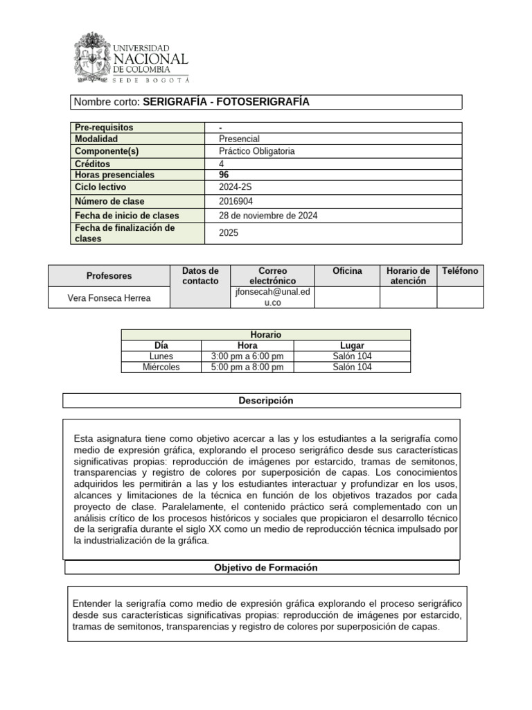 Programa Serigrafía 2024 2S Vera Fonseca | PDF | Publicación | Tecnicas ...