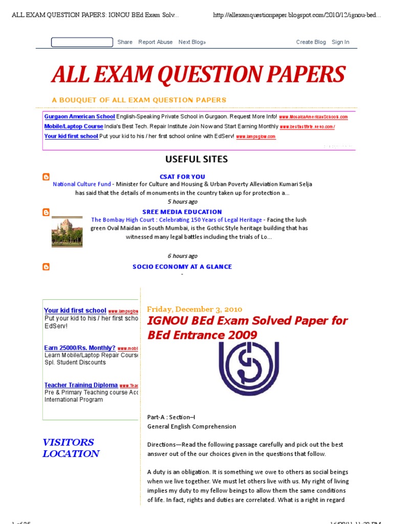 All Exam Question Papers: Ignou Bed Exam Solved Paper For Bed Entrance ...