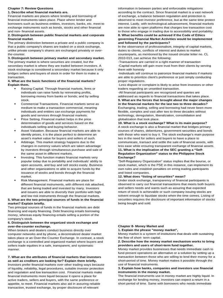 Finmar Chapter 7-12 Review Questions | PDF | Mortgages | Financial Markets