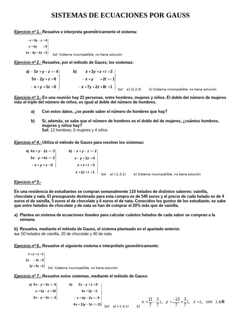 SISTEMAS - DE - ECUACIONES - POR - GAUSS Con Soluciones | PDF | Objetos matemáticos | Ecuaciones