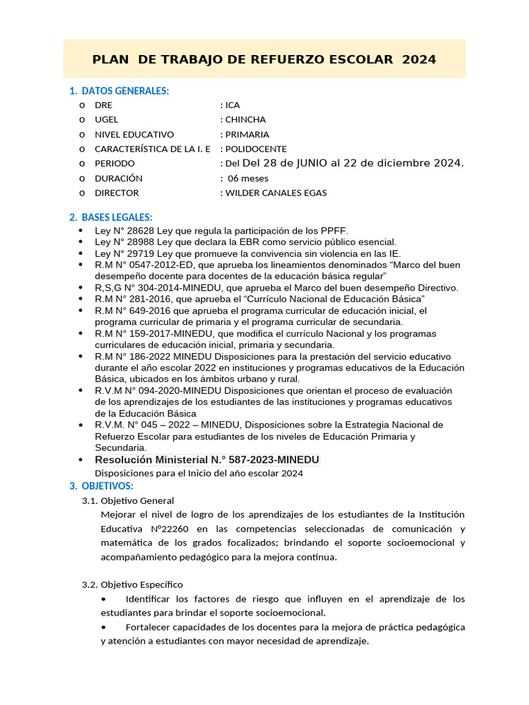 Plan de Refuerzo Escolar 2024 | PDF | Evaluación | Educación de la ...