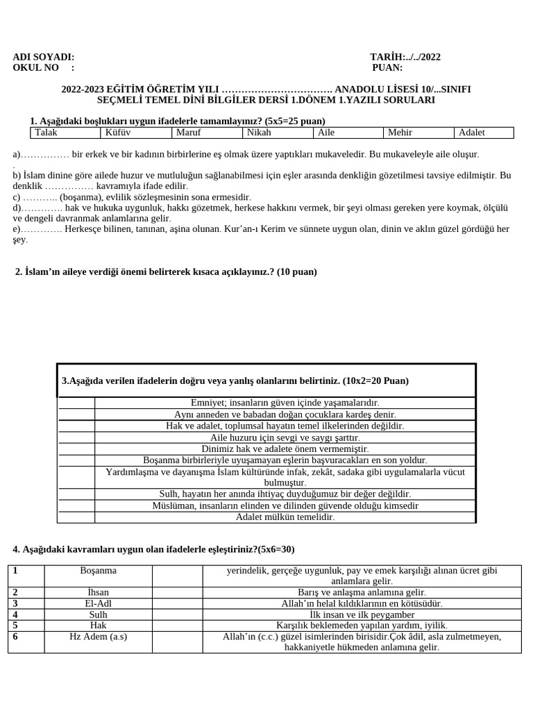 10.S N F Temel Dini Bilgiler 1.D Nem 1.yaz L Yoklama 2022-2023 | PDF