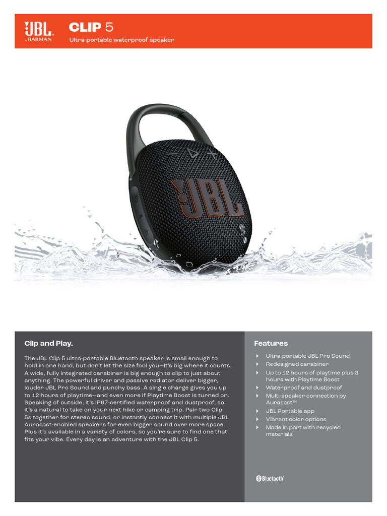 JBL Clip 5 - Specsheet - EN | PDF | Loudspeaker | Bluetooth