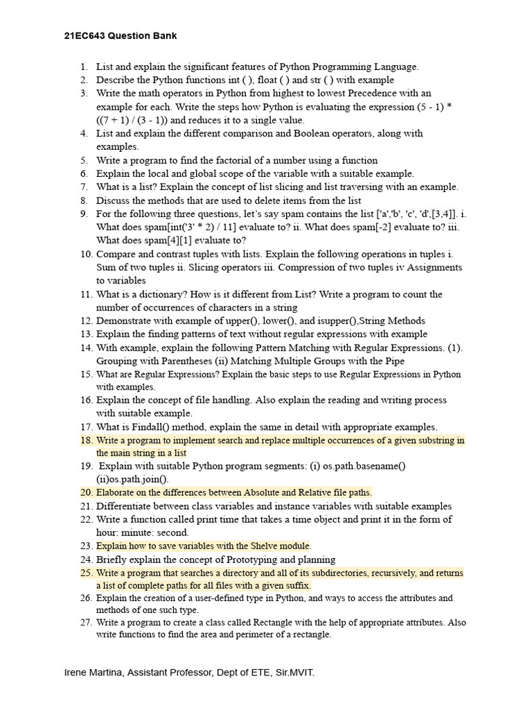 21EC643 - Question Bank 1 For Modules 1 To 4 | PDF | Python (Programming Language) | Computer ...