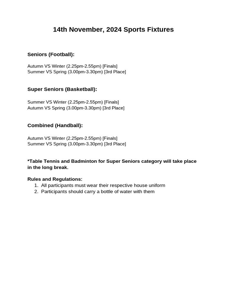 14th November, 2024 Sports Fixtures | PDF