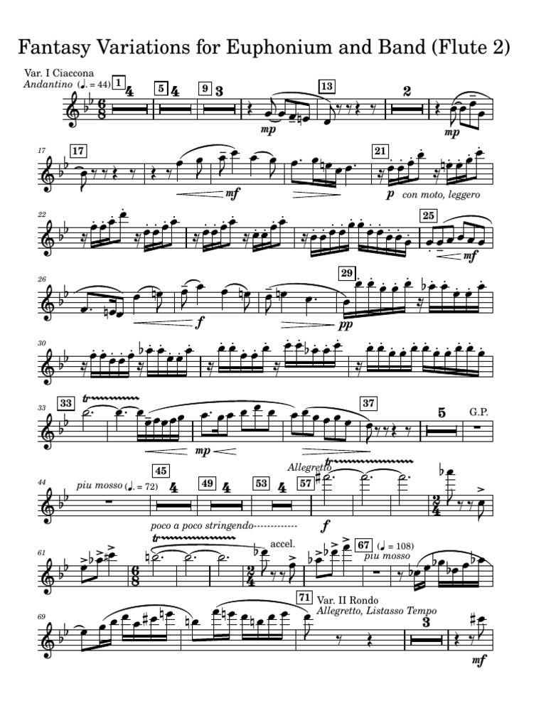 Fantasy Variations For Euphonium and Band Flute 2 | PDF | Tempo | Musical Notation