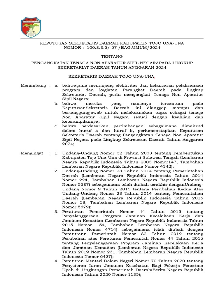SK No 57 Bagian Umum TTG Pengangkatan Tenaga Non Asn Cs Supir Setda 2024 | PDF