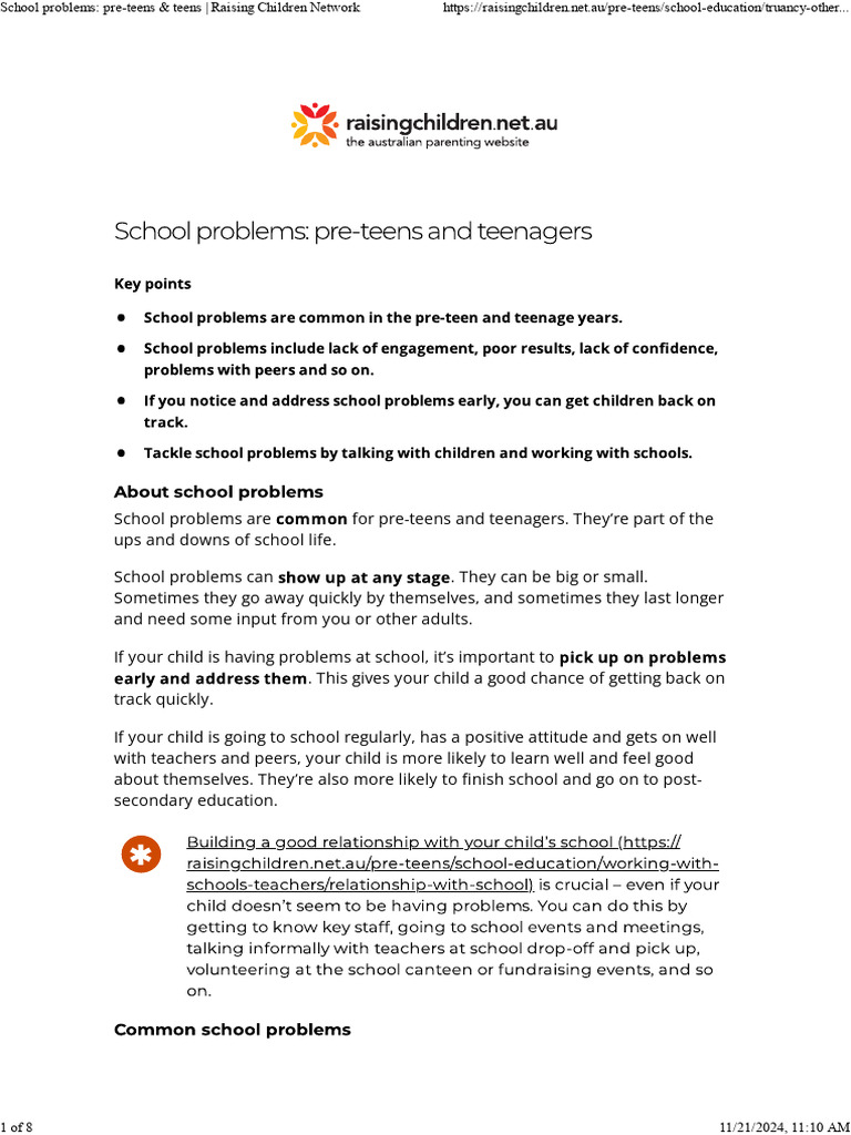 School Problems - Pre-Teens & Teens - Raising Children Network | PDF ...