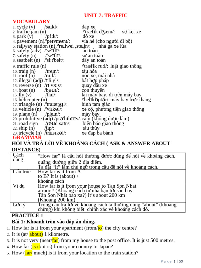 Bài Tập Ôn Tập Anh Giữa Kì II (Unit 7-9) . | PDF | Traffic | Bus