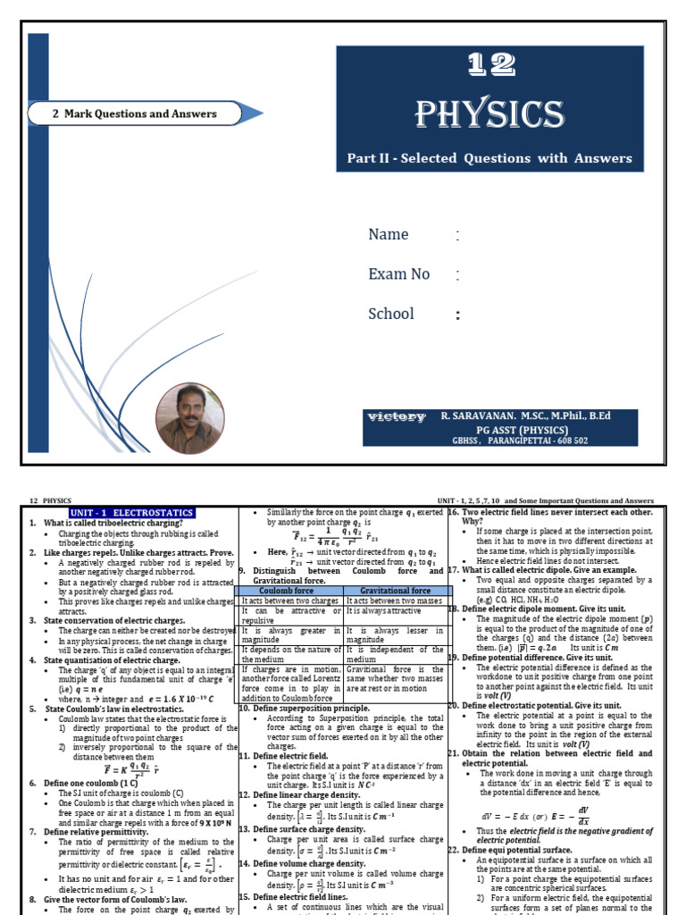 12th Physics 2 Mark Important Question Study Material Prepared by Mr. R ...