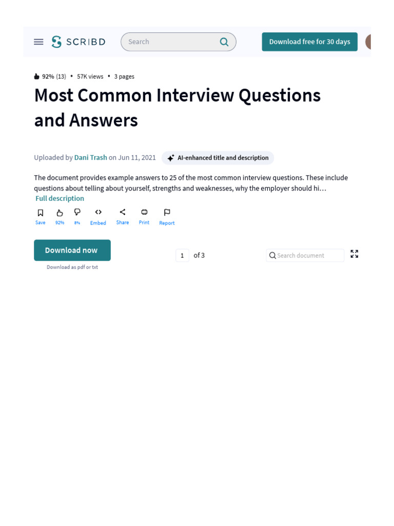 Most Common Interview Questions and Answers | PDF | Leadership | Human ...