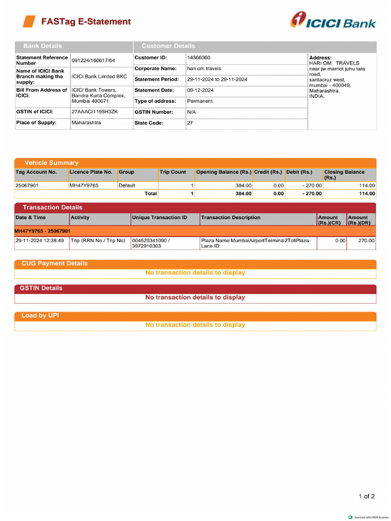 FASTag - Statement143660606382024120916618747 - 1 | PDF