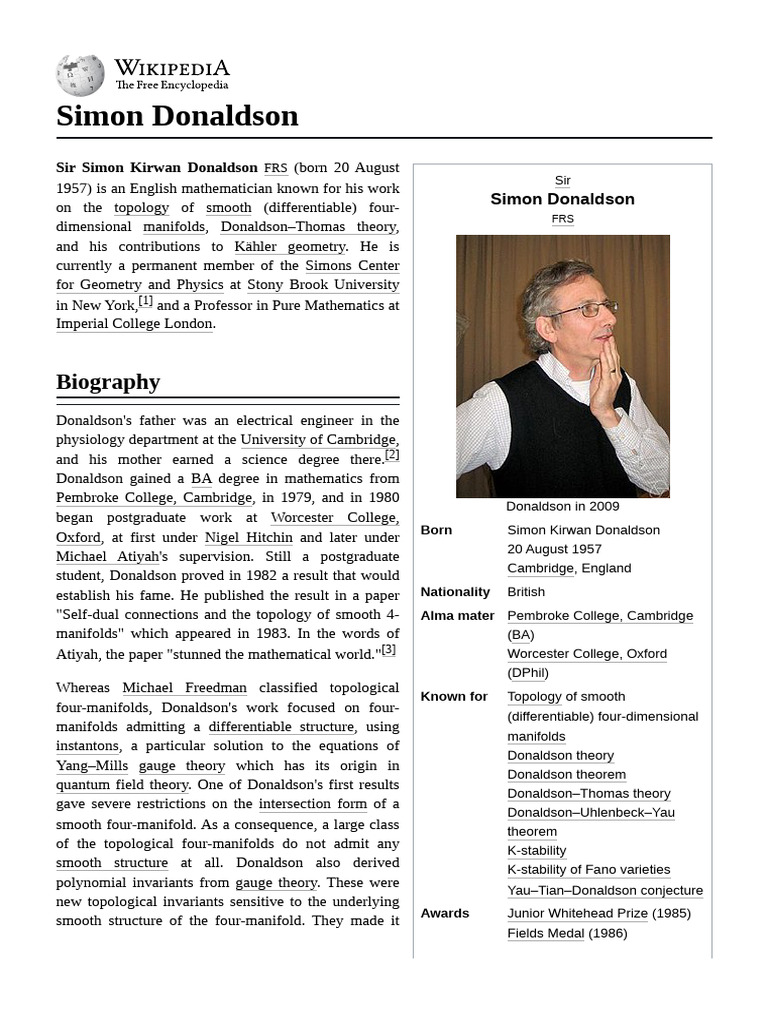 Simon_Donaldson | PDF | Differential Geometry | Mathematical Physics