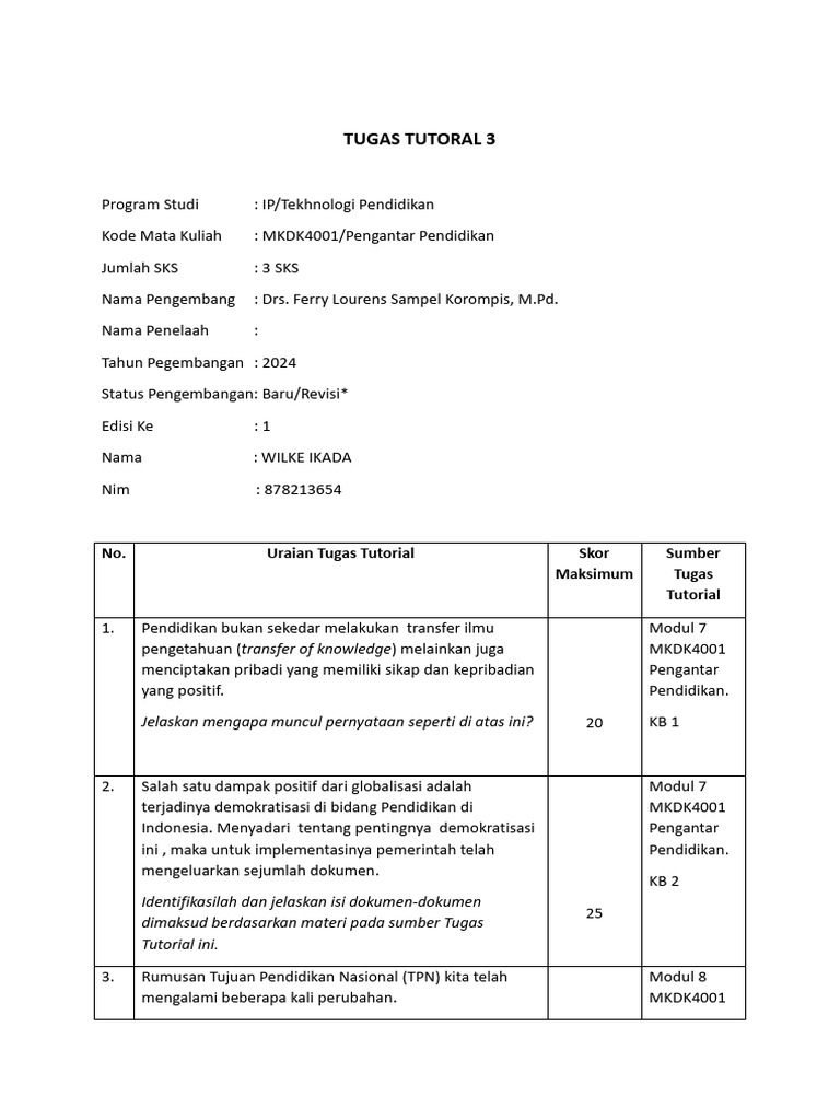 Tugas Tuton 3 Pengantar pendidik wilke | PDF