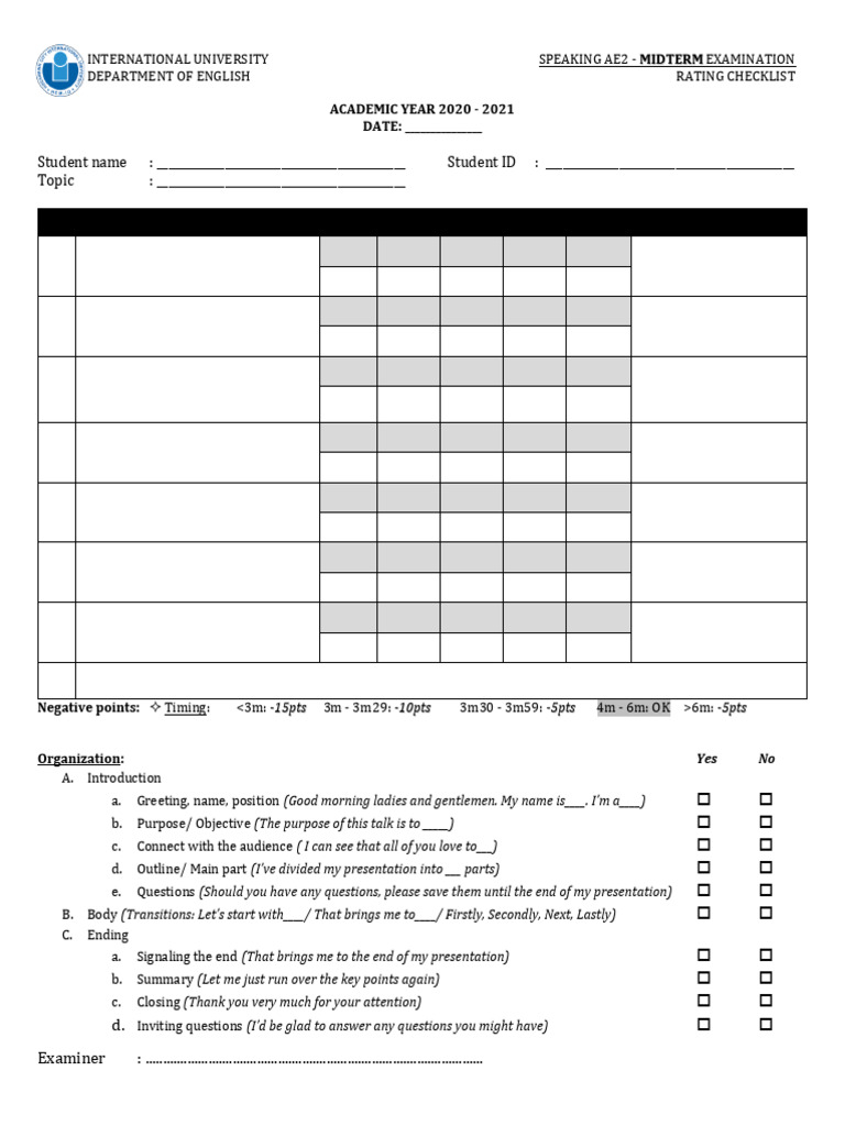 Speaking AE2 Midterm Marksheet | PDF | Body Language | Linguistics