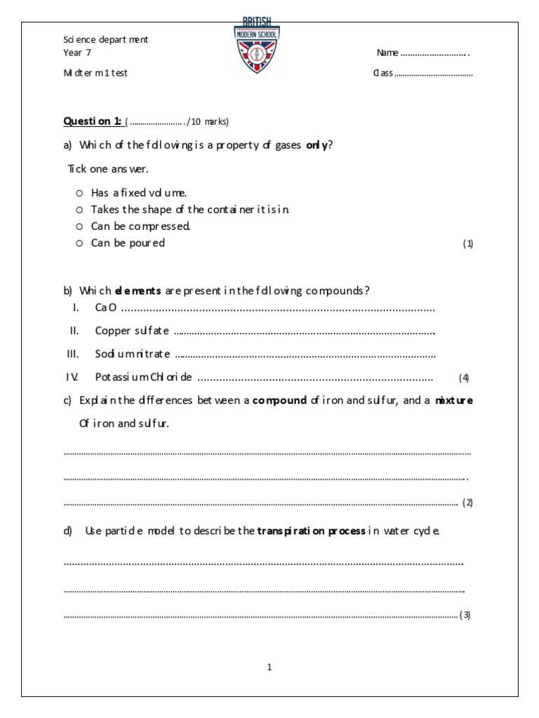 midterm 1 year 7 assessment | PDF