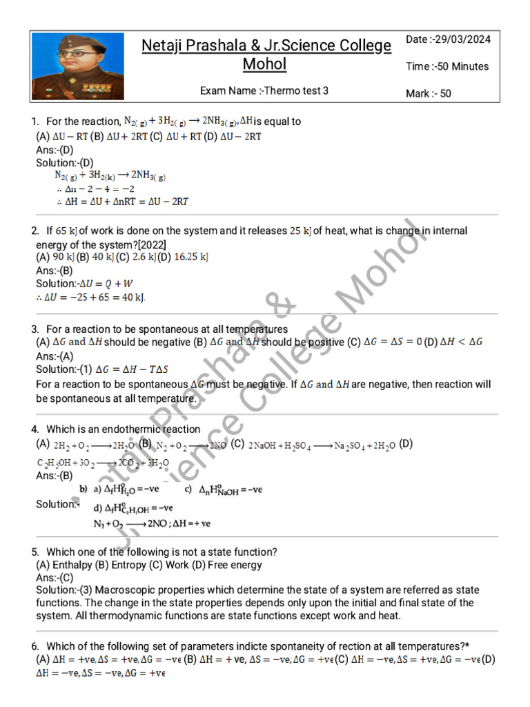 Thermodynamics Exam Questions and Solutions | PDF | Nature | Physical ...