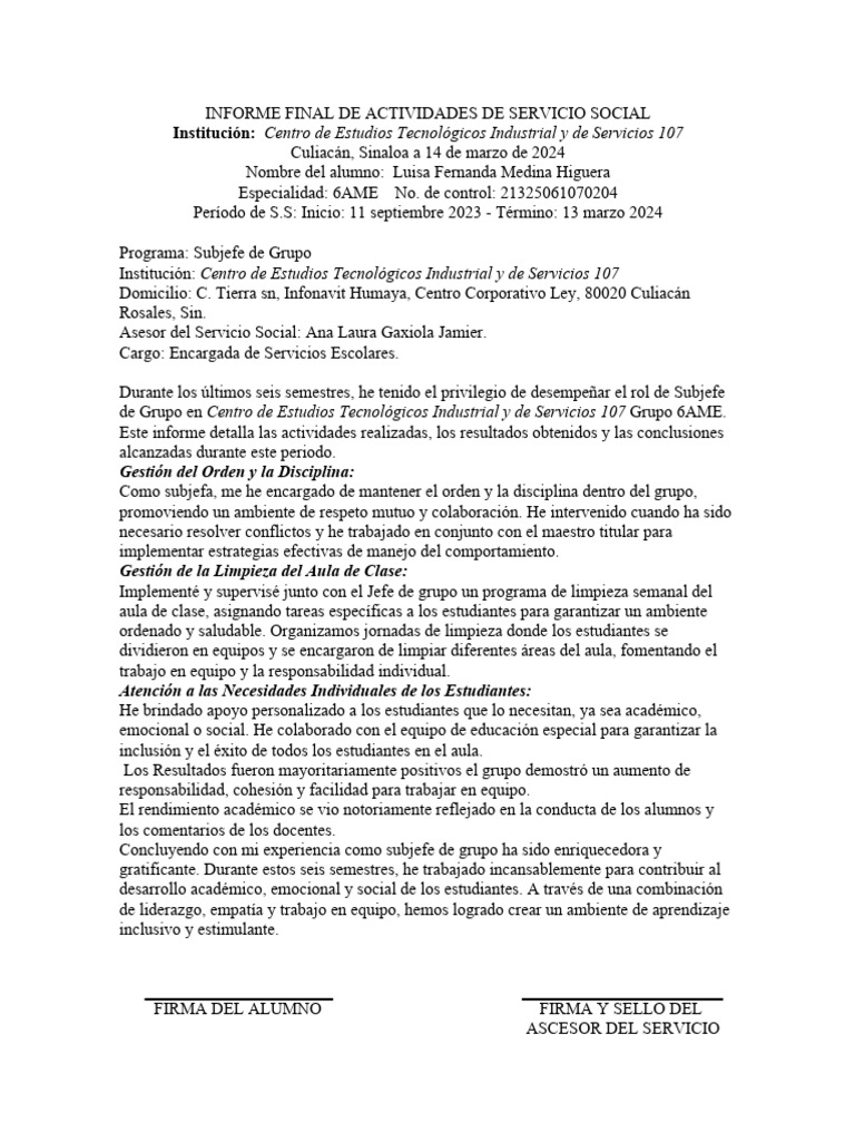 INFORME_FINAL_DE_ACTIVIDADES_DE_SERVICIO_SOCIAL | PDF | Salón de clases ...