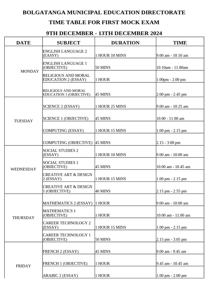 Mock Time Table | PDF