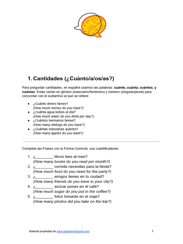 Cantidades (¿Cuánto/a/os/as?) : Cuánto Cuánta Cuántos Cuántas | PDF ...