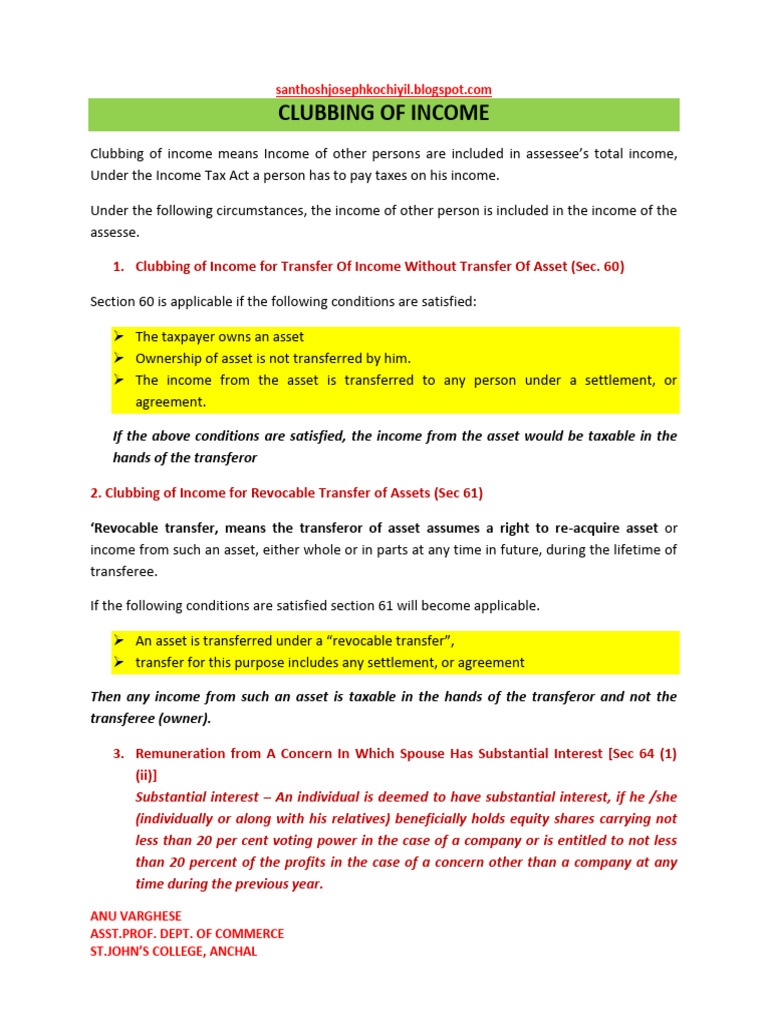 Clubbing of Income Means Income of Other Person Included in Assessee ...
