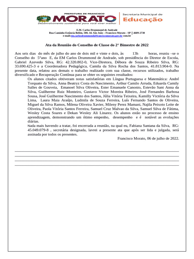 Ata Conselho de Classe 2° Bimestre 2022 | PDF | Brasil