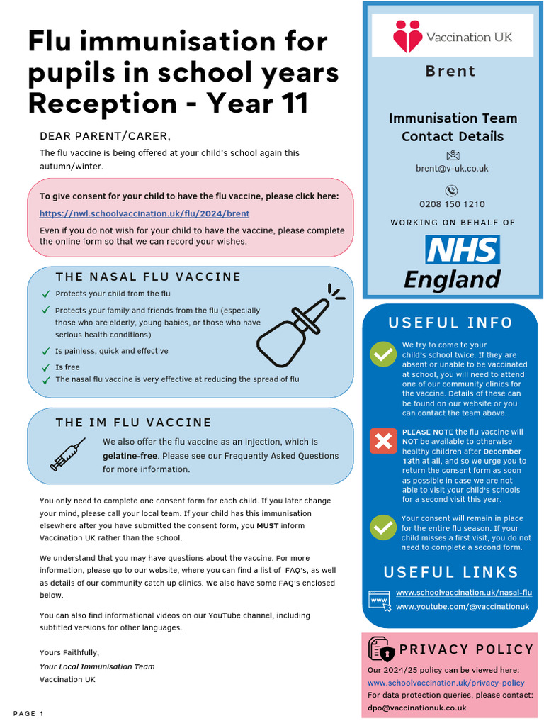 School Flu Vaccine Consent Information Pdf Influenza Influenza
