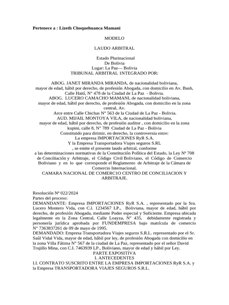 Laudo Arbitral | PDF | Arbitraje | Bolivia