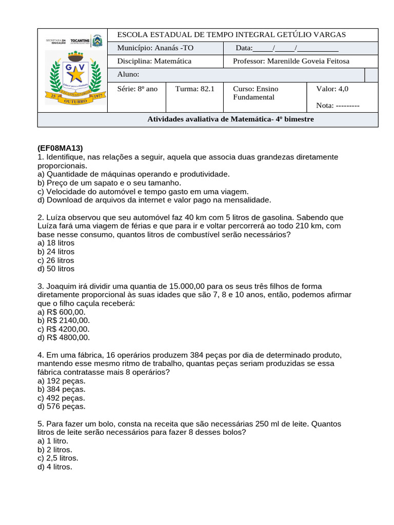 Prova 8 Ano 4 Bim DEZEMBRO 2024 | PDF