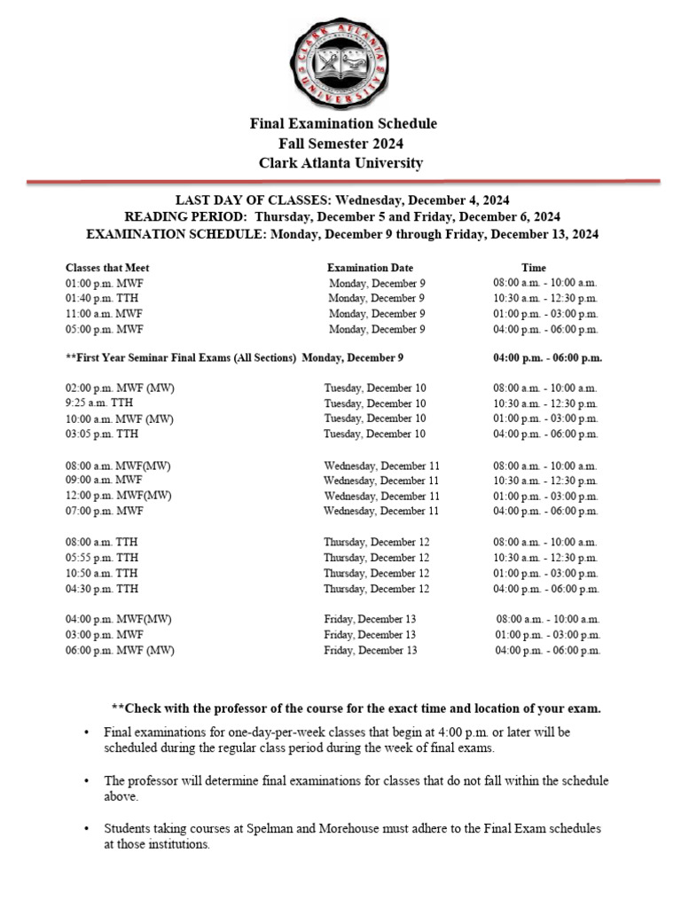 Fall 2024 Final Examination Schedule Rev 4 | PDF