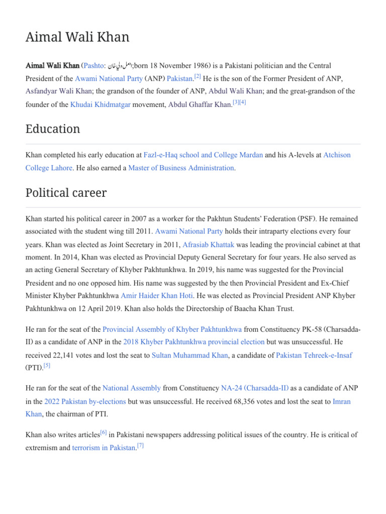 Aimal Wali Khan - Wikipedia | PDF | Pakistan | Government