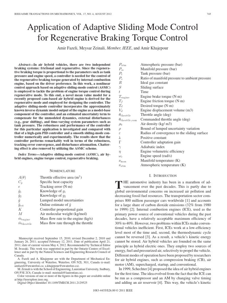 Application of Adaptive Sliding Mode Con | PDF | Engines | Brake