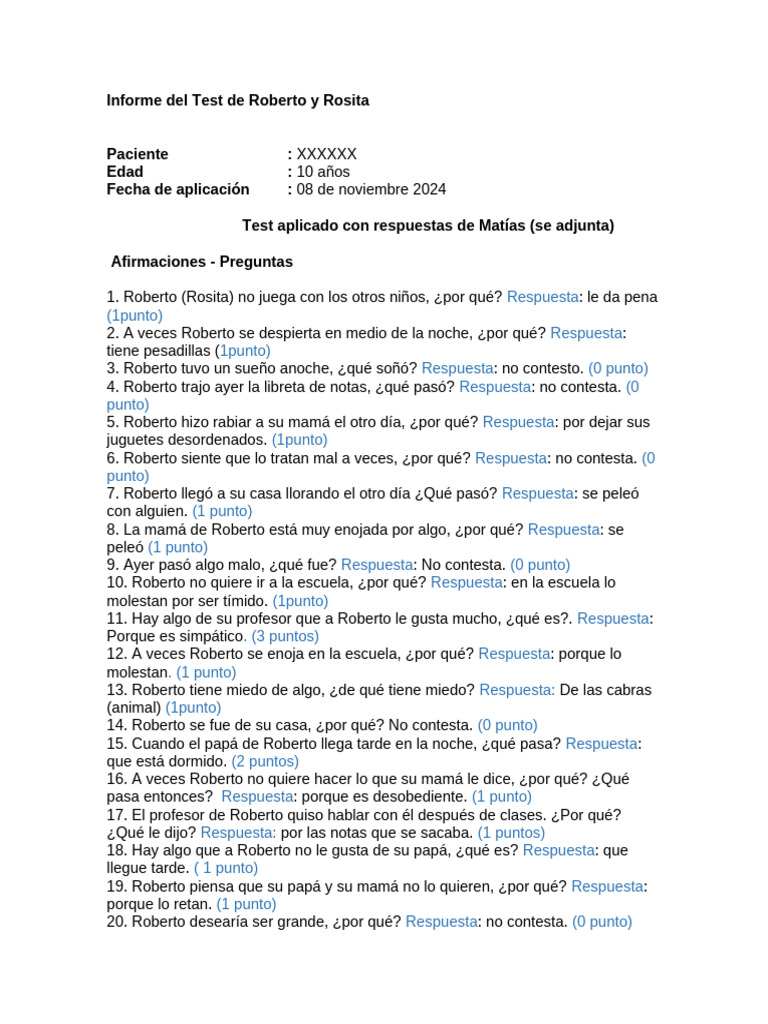 Informe Del Test de Roberto y Rosita | PDF | Las emociones | Creatividad