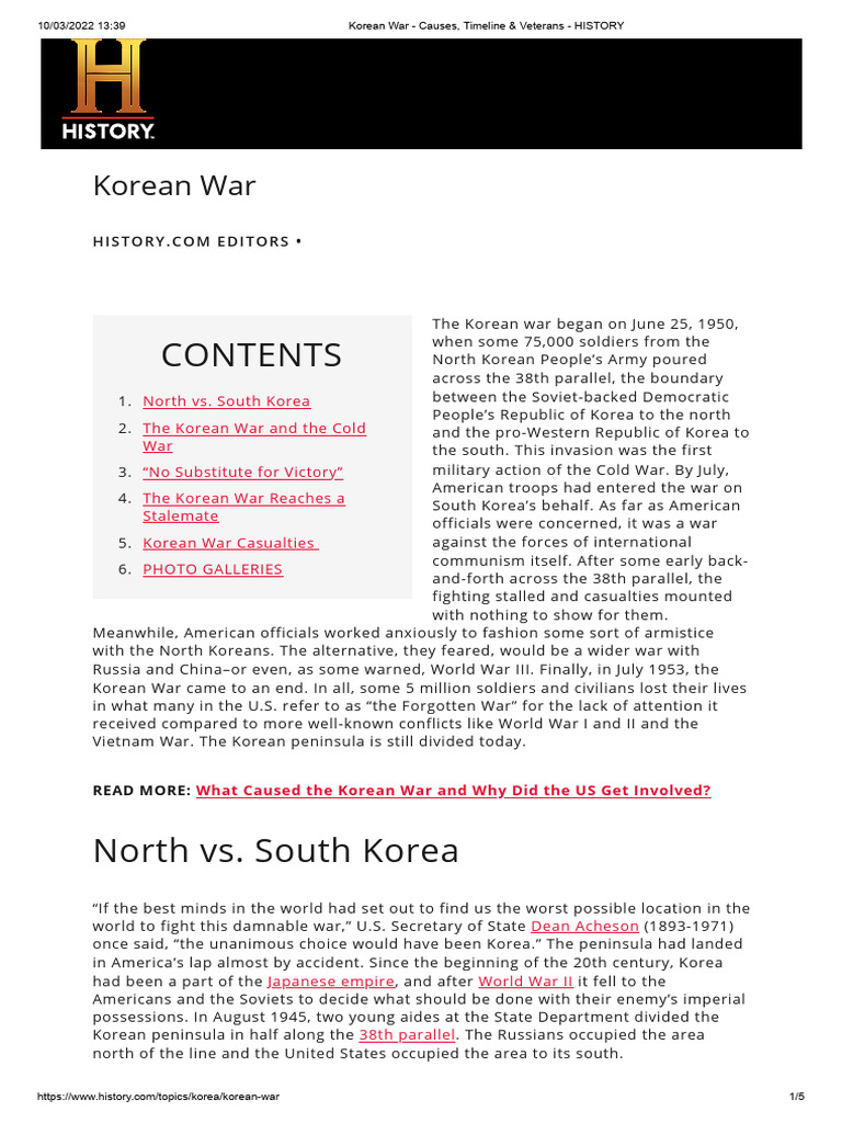 Korean War - Causes, Timeline & Veterans - HISTORY | PDF | Korean War ...