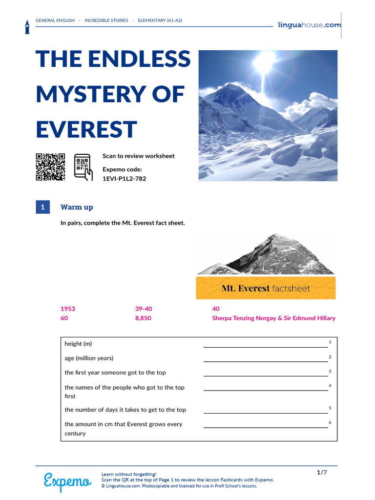 The Endless Mystery of Everest British English Teacher A1 A2 | PDF ...