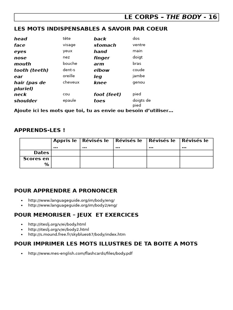 Vocabulaire Essentiel du Corps Humain | PDF