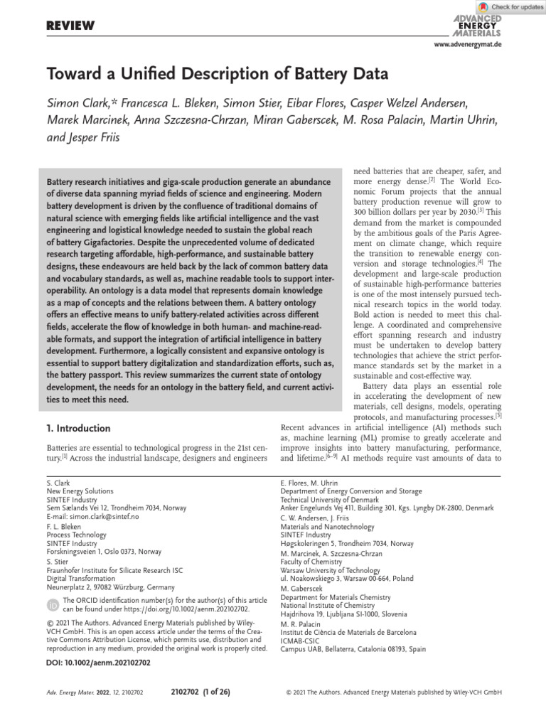 Advanced Energy Materials - 2021 - Clark - Toward a Unified Description of Battery Data | PDF ...