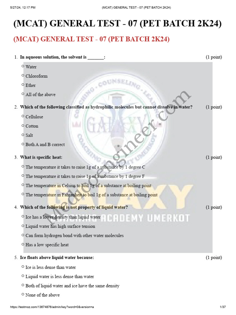 MCAT General Test 07 Questions | PDF | Rna | Dna