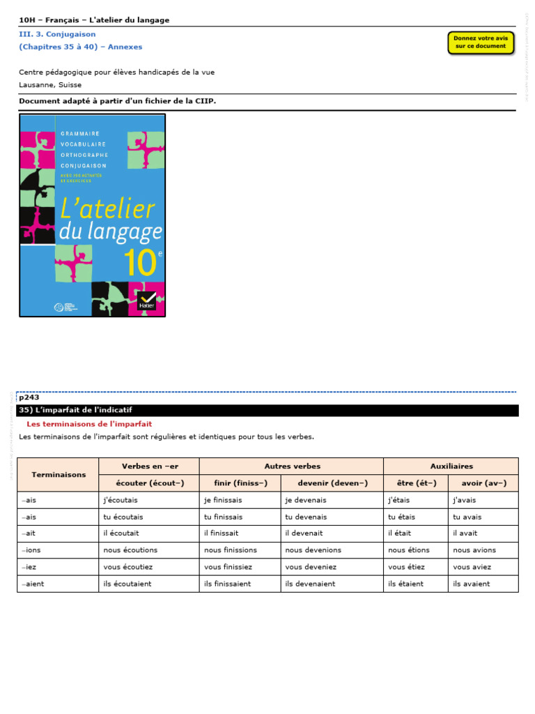 10e Francais Atelier Du Langage III 3-Chapitres 35-A-40 Annexes A+ | PDF | Verbe | Morphologie ...