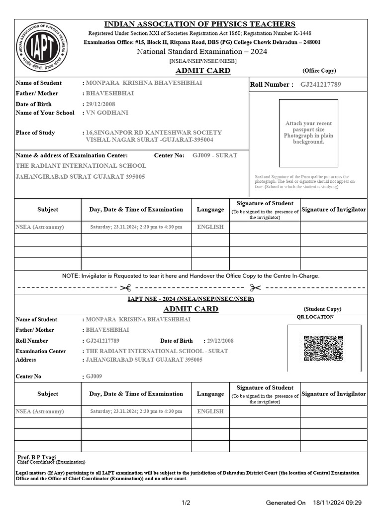 NSEA 2024 Admit Card for Students | PDF | Government And Personhood