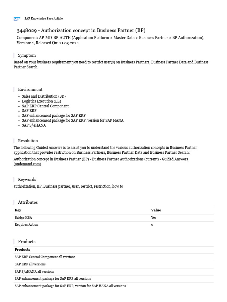 3448029 - Authorization concept in Business Partner | PDF