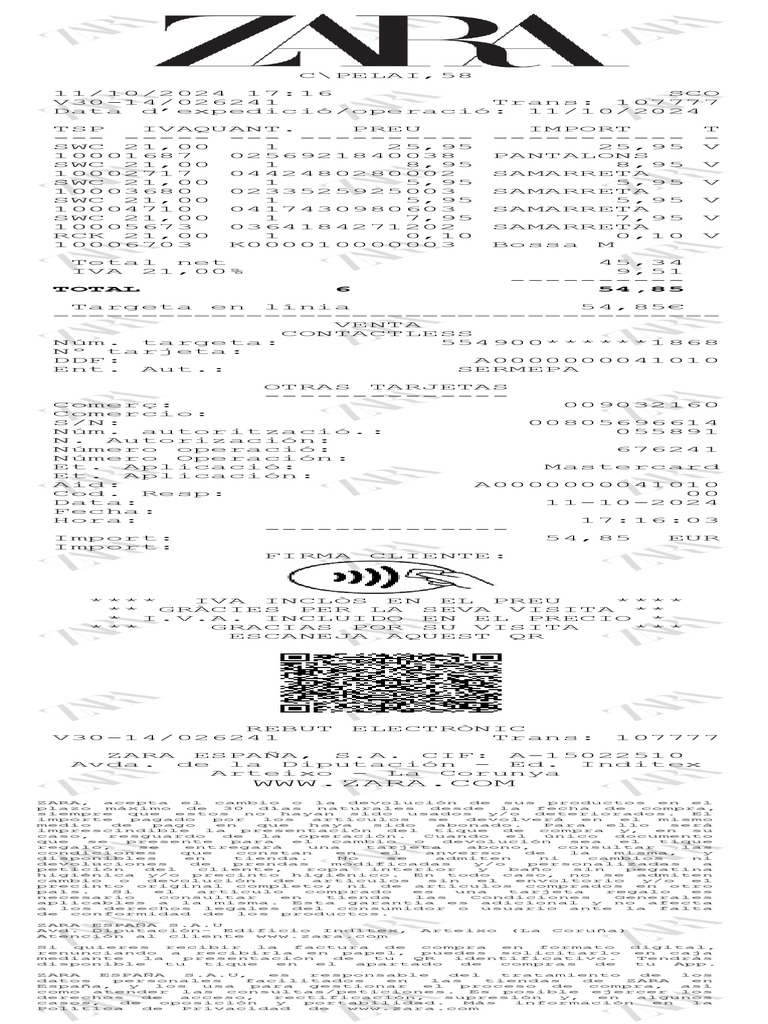 ZARA - BCN-PELAYO - Purchase Receipt | PDF