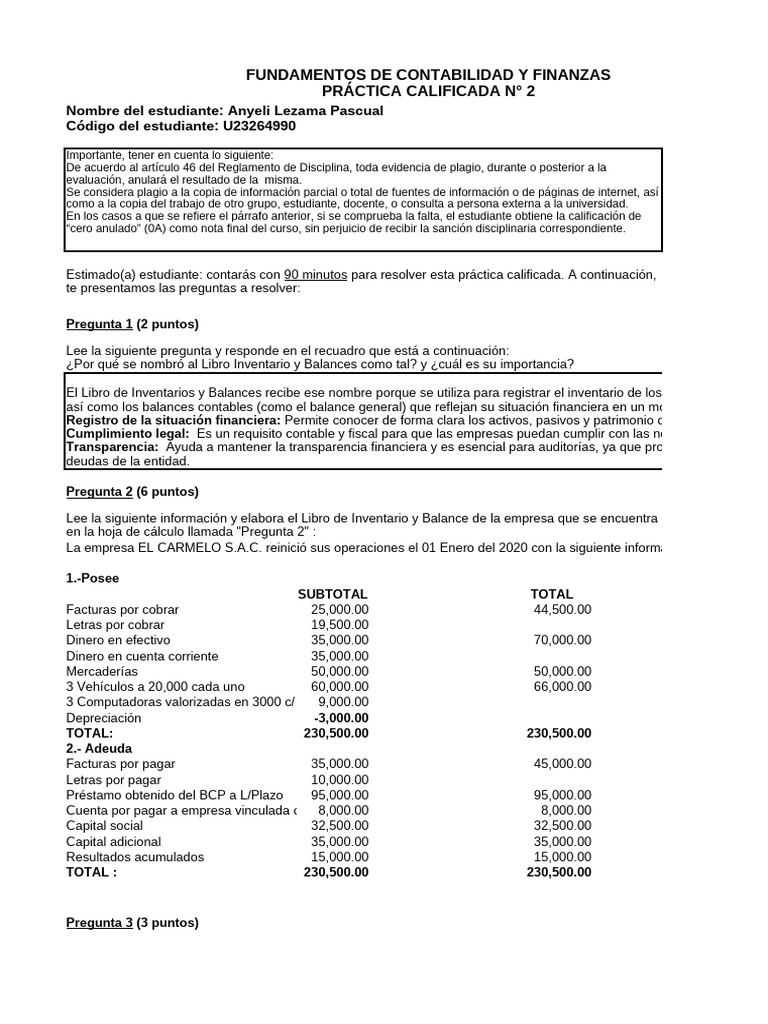 PC2 - 19 - Anyeli Lezama | PDF | Contabilidad | Hoja de balance