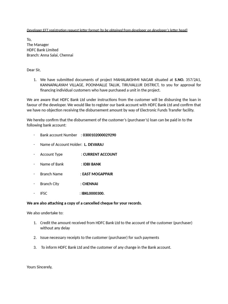 Developer - EFT - Registration - Request - Letter - Fomat | PDF
